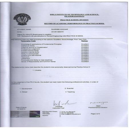 Record of Academic Performance in Practice School | PDF
