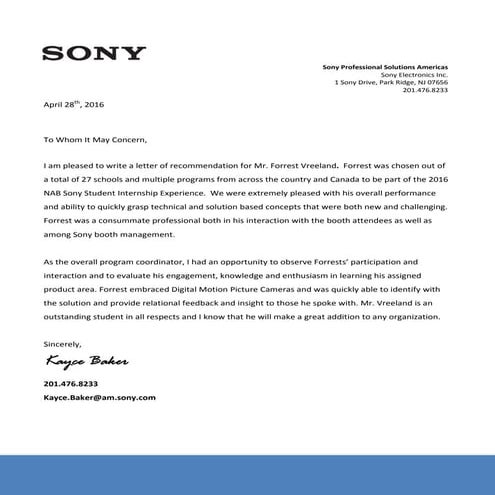 Letter of Recommendation NAB Internship 2016 - Vreeland | PDF