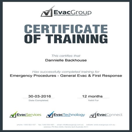 Certificate of Training - Emergency Procedures - General Evac & First ...
