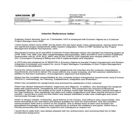 Interim Reference letter for Ahlem Bouarfa | PDF