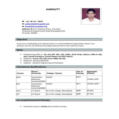 Haridutt_resume_001 | DOC | Databases | Computer Software and Applications