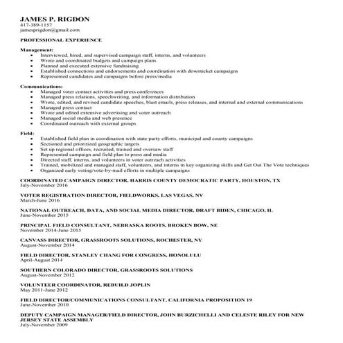 James Rigdon resume | PDF | Elections | Politics