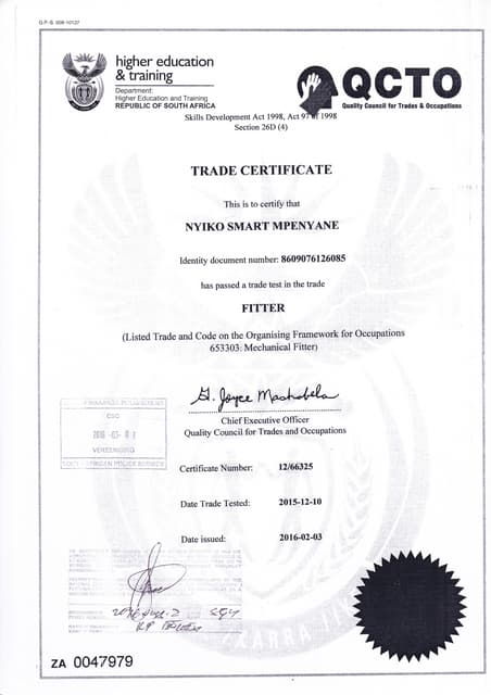 Olifantsfontein Trade Test Certificate | PDF