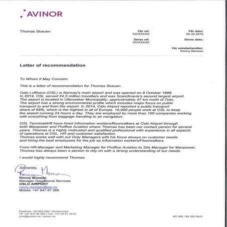 Letter of recommendation from Avinor - OSL Airport | PDF
