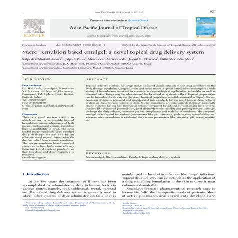 Microemulsion based emulgel a novel topical drug delivery system | PDF