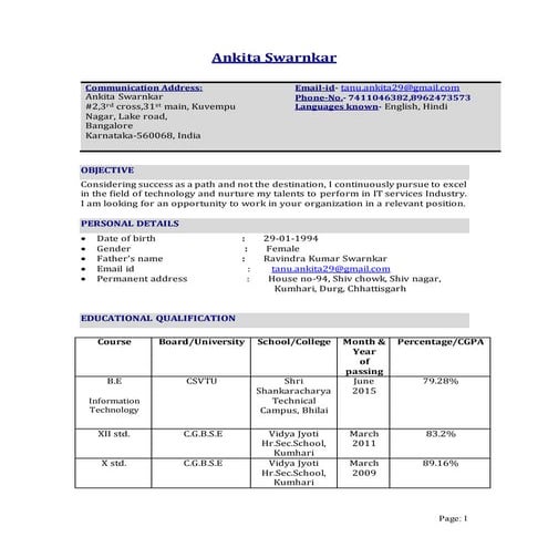 ankita resume main | DOCX | Gas and Electric | Home Utilities