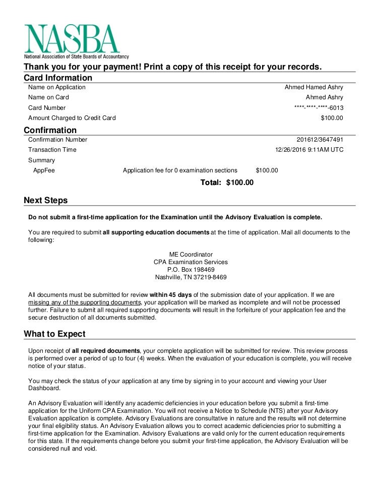 Application for Exam Receipt from NASBA National Association of State…