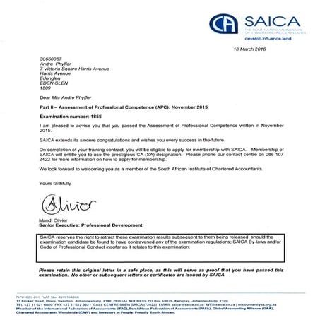 SAICA APC Results Letter | PDF
