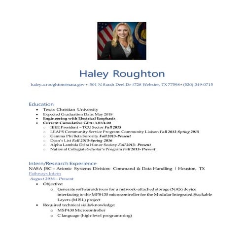 Haley Roughton NASA Pathways Intern Resume | PDF