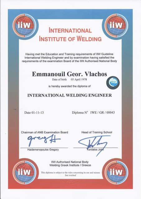 Official Certificate - International Welding Engineer | PDF