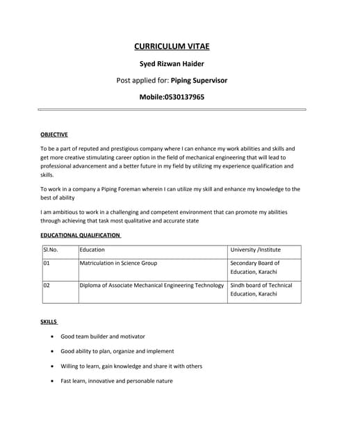 RESUME PIPING SUPERVISOR | PDF