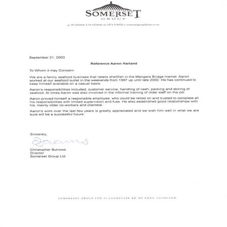 Somerset Seafoods Reference Letter 2003 | PDF