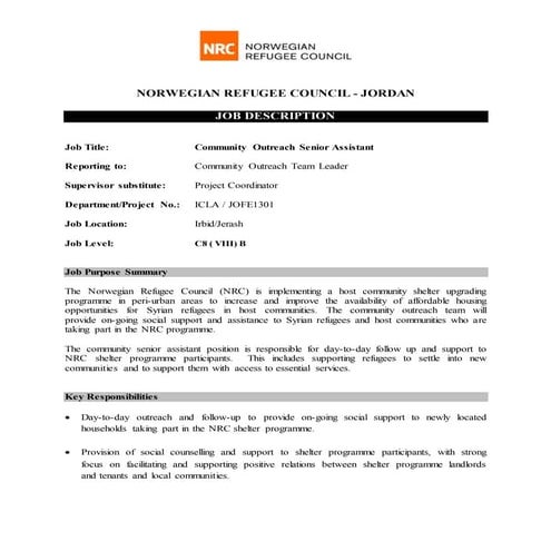 ICLA Community Outreach Senior Assistant-Irbid Job Description | DOCX