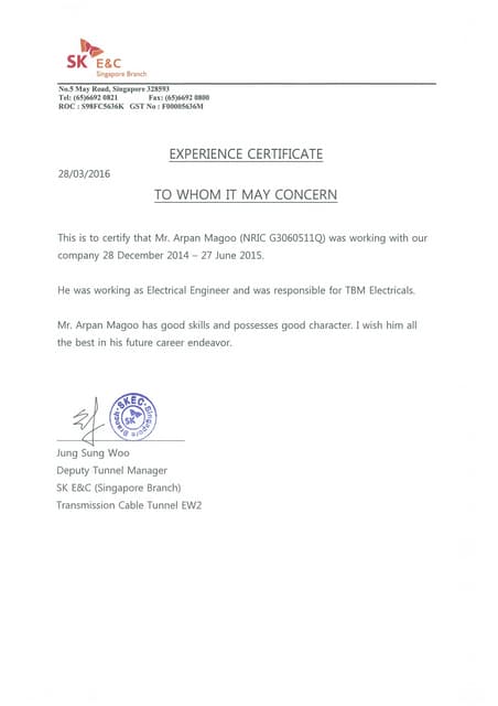 Q.C Engineer Experience Certificate from Techshore | PDF