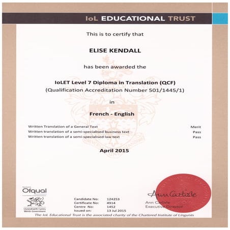 Elise Kendall IoL All Units Certificate | PDF