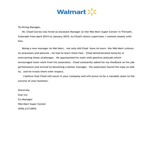 Reference Letter Wal-Mart | PDF