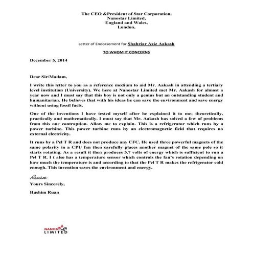 Letter of Endorsement for Shahriar Aziz Aakash-signed | PDF