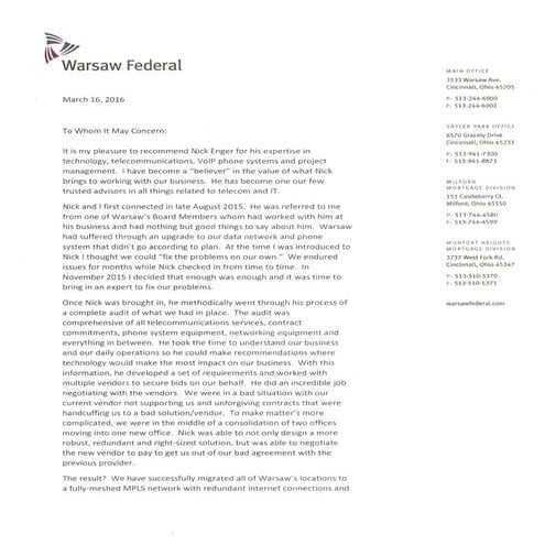 Nick Enger - Recommendation Letter from Warsaw Federal | PDF