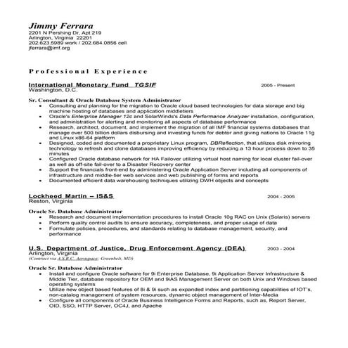 Jimmy Ferrara, Infrastructure dba at International monetary fund
