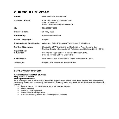 Mandisa updated CV January 2016 | DOCX