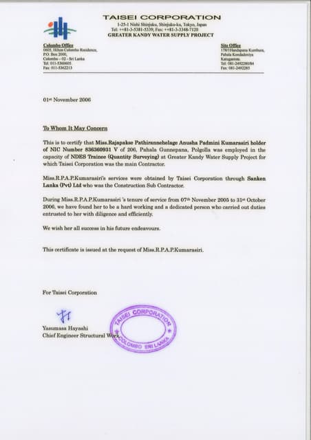 Service Letter - 5 Upper Kotmale Hydro Power Project | PPT