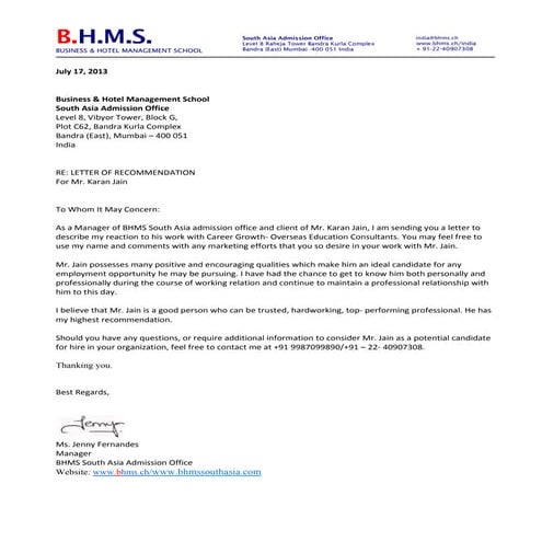 BHMS recomendation letter for Mrkaran | PDF