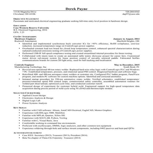 Derek Payne - Resume SPR16 | PDF | Radio Control | Hobbies & Interests