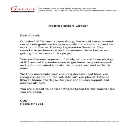 Appreciation Letter | PDF