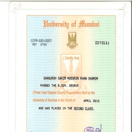 TY BCOM Certificate Of Pass Class