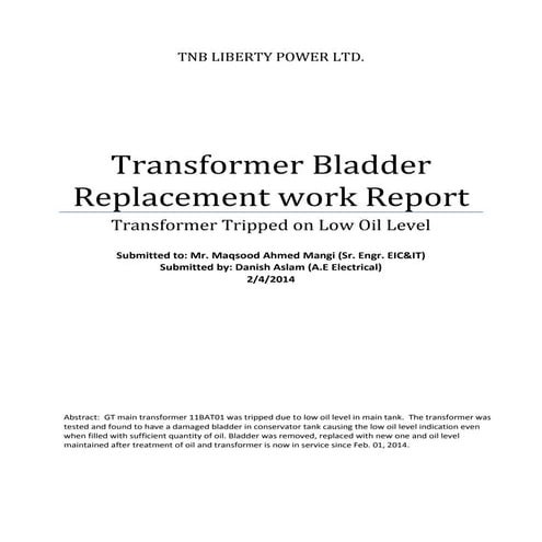 Transformer Bladder Replacement work Report | PDF