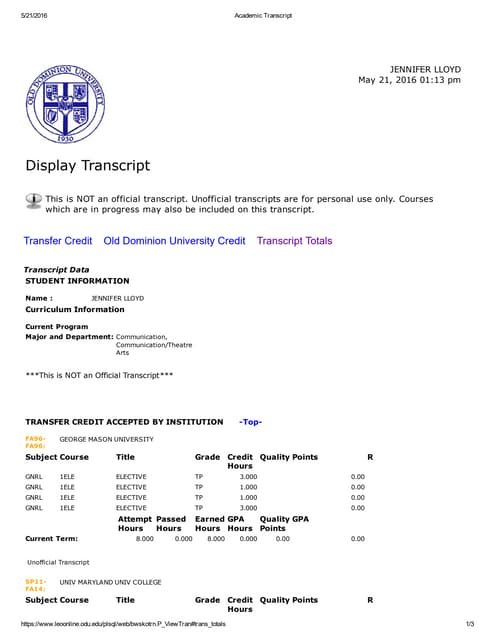Unofficial Transcript Fall 2017 | PDF