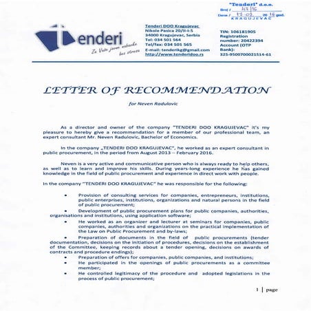 Tender Recommendation Letter | PDF