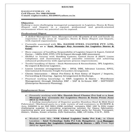 RAGHAVENDRA RESUME NEW | DOC | Manufacturing Industry | Industries