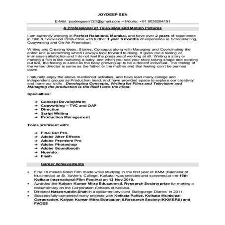 Joydeep Sen_Resume | DOCX | Video Production | Content Production