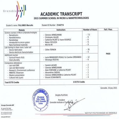 Academic Transcript - Summer School Grenoble 2015 | PPT