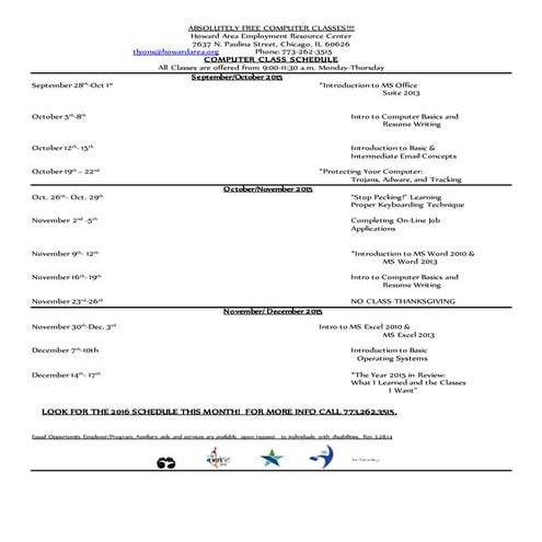 FREE COMPUTER CLASSES- September-December 2015 Computer workshop ...