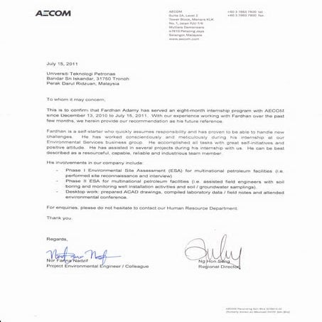 AECOM Recommendation Letter to Fardhan Adamy | PDF