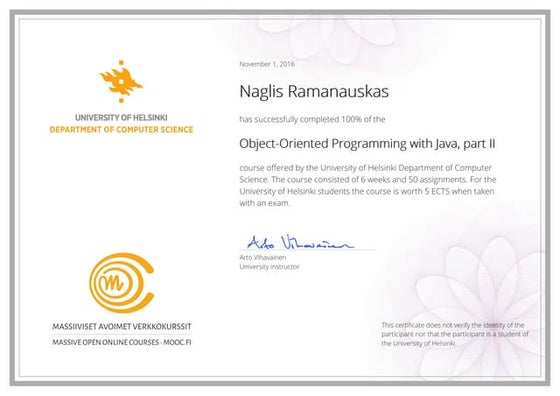 Naglis Ramanauskas certificate for JAVA Part 1 Helsinki | PPT