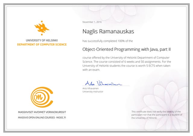 Naglis Ramanauskas Certificate For Java Part 2 Helsinki Ppt
