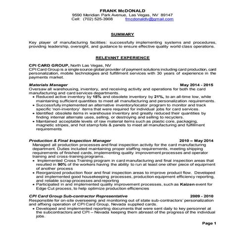 McDONALD_FRANK_RESUME 2016(20) | DOCX | Manufacturing Industry | Industries