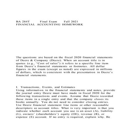 Ba 284 t final exam fall 2021 financial accounting homework | DOCX