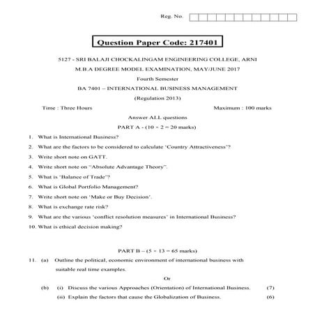 Ba7401 international business management - model exam question paper | DOC