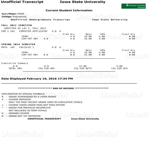 Iowa State U. Unofficial Transcript | PDF