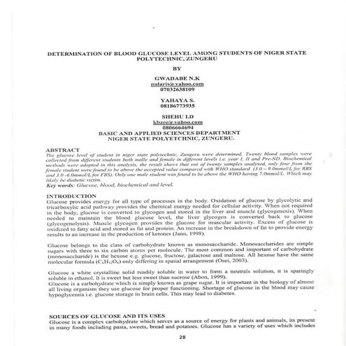 DETERMINATION OF BLOOD GLUCOSE LEVEL AMONG STUDENTS OF NIGER STATE ...