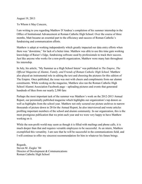 Colleen Letter of Reccommendation for Matt D'Andrea | PDF