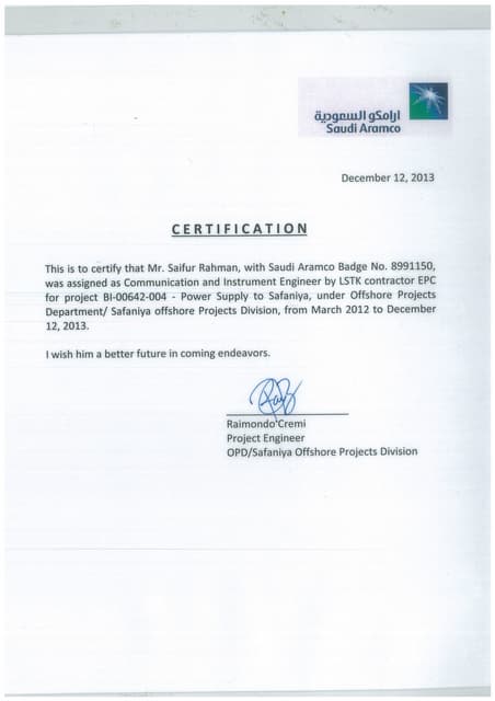 Experience Certificate - Obayashi Qatar | PDF