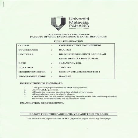 BAA 1322 CONSTRUCTION ENGINEERING FINAL EXAM PAPER | PDF