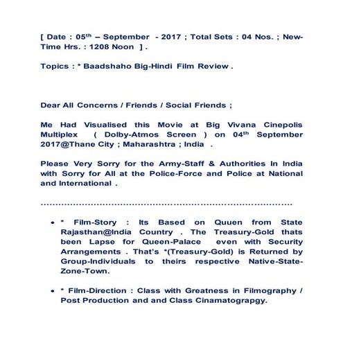 Baadshaho big hindi film review . | DOCX | Movies | Entertainment