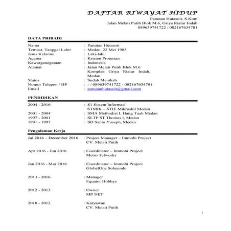 CV Panutan Hutasoit | PDF