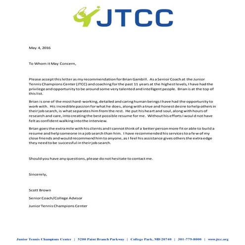 Scott Brown Reference Letter - Senior Coach & College Advisor - Junior ...